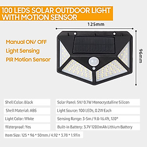 ERYUE Outdoor lamp, Solar Wall Light Motion Sensor 100 LEDs Outdoor Waterproof Solar LED Wall Lamp PIR Solar Powered Landscape Path Lights Auto On/Off for Fence Front Door Gate Balcony Yard Garden