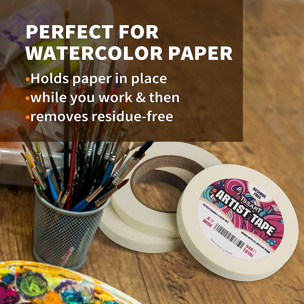 TSSART 3 Pack White Artist Tape - Masking Artists Tape for Drafting Art Watercolor Painting Canvas Framing - Acid Free 0.6inch Wide 540FT Long Total