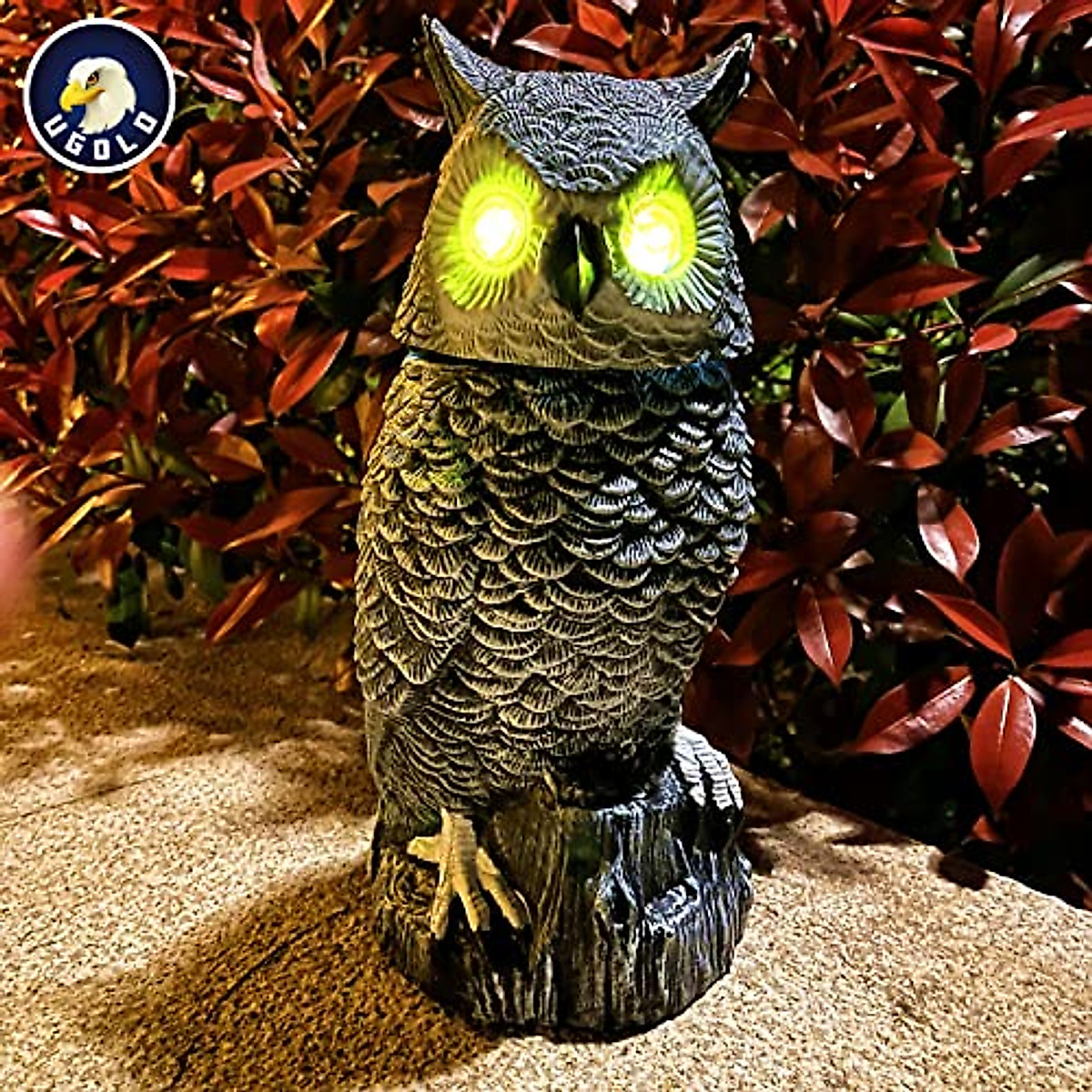 Ugold Solar Powered Snow Owl with Glowing Eyes, Rotatable Head, Realistic Hoots, Detection and Silent Mode, Garden Sculpture, Decoration for Home, Garden, Patio and Lawn