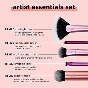 Real Techniques Artist Essentials Makeup Brush Set, For Foundation, Blush, Highlighter, Eyeshadow, & Liner, Professional Makeup Tools, Synthetic Bristles, Vegan & Cruelty-Free, 5 Piece Set