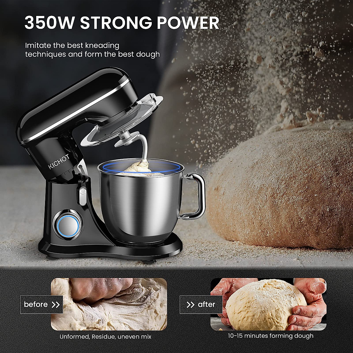 Stand Mixer, KICHOT 10+P Speed 4.8 Qt. Household Stand Mixers, Tilt-Head Dough Mxier with Dough Hook, Beater, Wire Whisk & Splash Guard Attachments for Baking, Cake, Cookie, Kneading, SM-1533