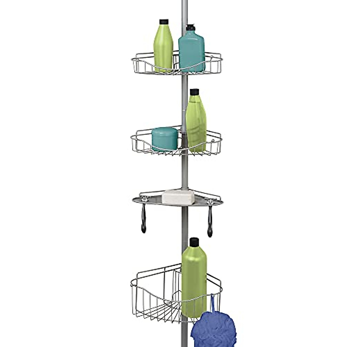 Zenna Home Tension Pole Shower Caddy, 3 Basket Shelves with Soap Tray, Adjustable, 60 to 97 Inch, Satin Nickel