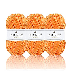NICEEC 3 Skeins Soft Chenille Yarn Blanket Yarn for Knitting Fancy Yarn for Crochet Weaving DIY Craft Total Length 3×85m (3×93yds, 3×50g)_Orange