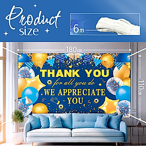 Thank You Banner Backdrop Stand - Reusable We Appreciate You Banner for Staff Appreciation Gifts Ceremony - Gold Blue Teacher Appreciation Decorations - Volunteer Appreciation Decorations - Durable Fabric