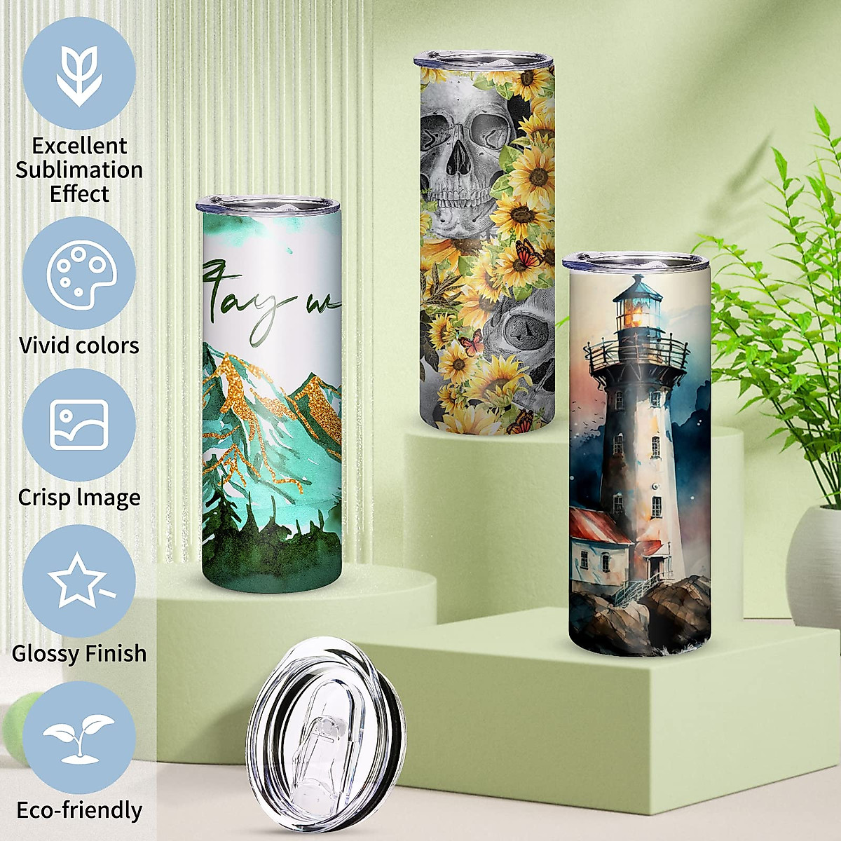 Sublimation Tumblers bulk 20 OZ Skinny Stainless Steel Double Wall Insulated Straight Sublimation Cups 16 Pack Blanks White Tumbler with Lid,Straw,Heat Resistant Tape&Shrink Sleeves,Individually Boxed