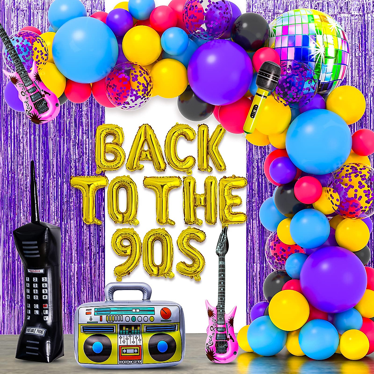 101PCS 90s Party Decorations, 90's Birthdays Party Supplies Bundle Includes Inflatable Disco Ball Radio Boom Box Retro Mobile Phone Guitar and Mobile Phone, Back to 90s Hip Hop Party for Adults