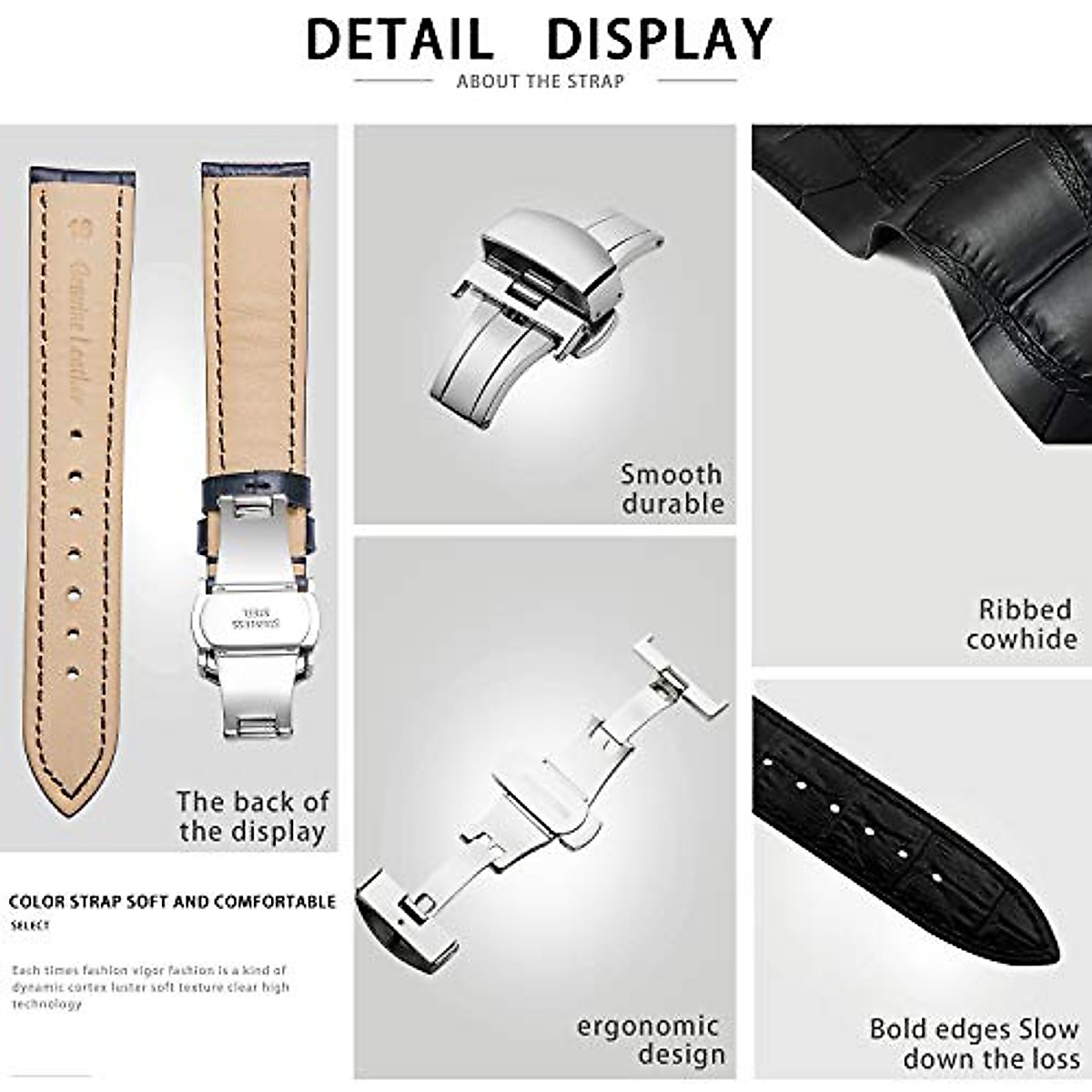 BINLUN Leather Watch Strap Quick Release Strap with Silver Butterfly Deployment Buckle 12mm 13mm 14mm 16mm 17mm 18mm 19mm 20mm 21mm 22mm 23mm 24mm Watch Band for Men Women (Black,20mm)
