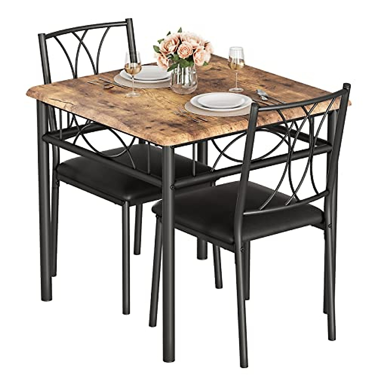 Amyove Kitchen Table Set for 2, 3 Piece Dining Table and Chairs, Metal and Wood Square Dining Room Table Set with 2 Upholstered Chairs, Dining Table Set for Small Spaces, Apartment, Rustic Brown