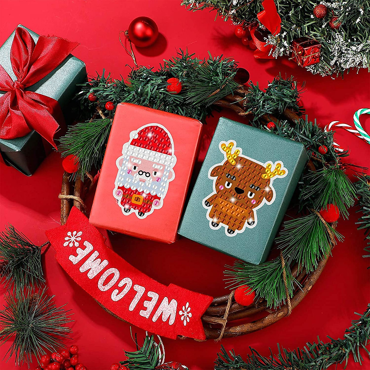 30 PCS Christmas Gem Diamond Art Painting Stickers Kits for Kids,5D DIY Diamond Mosaic Stickers by Numbers Crafts Set for Children, Boys and Girls,Creative Handmade Art Craft Gift