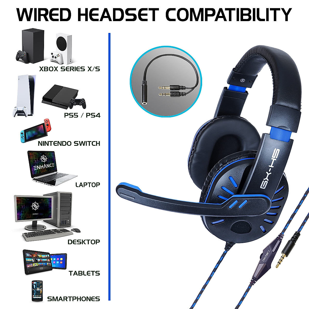 ENHANCE GX-H5 Gaming Headset with Microphone - Universal Gaming Headset for PS4, PS5, Xbox, PC, Switch with Adjustable Headband, Volume Controller, USB Sound-Isolating Earcups, Splitter Cable (Blue)