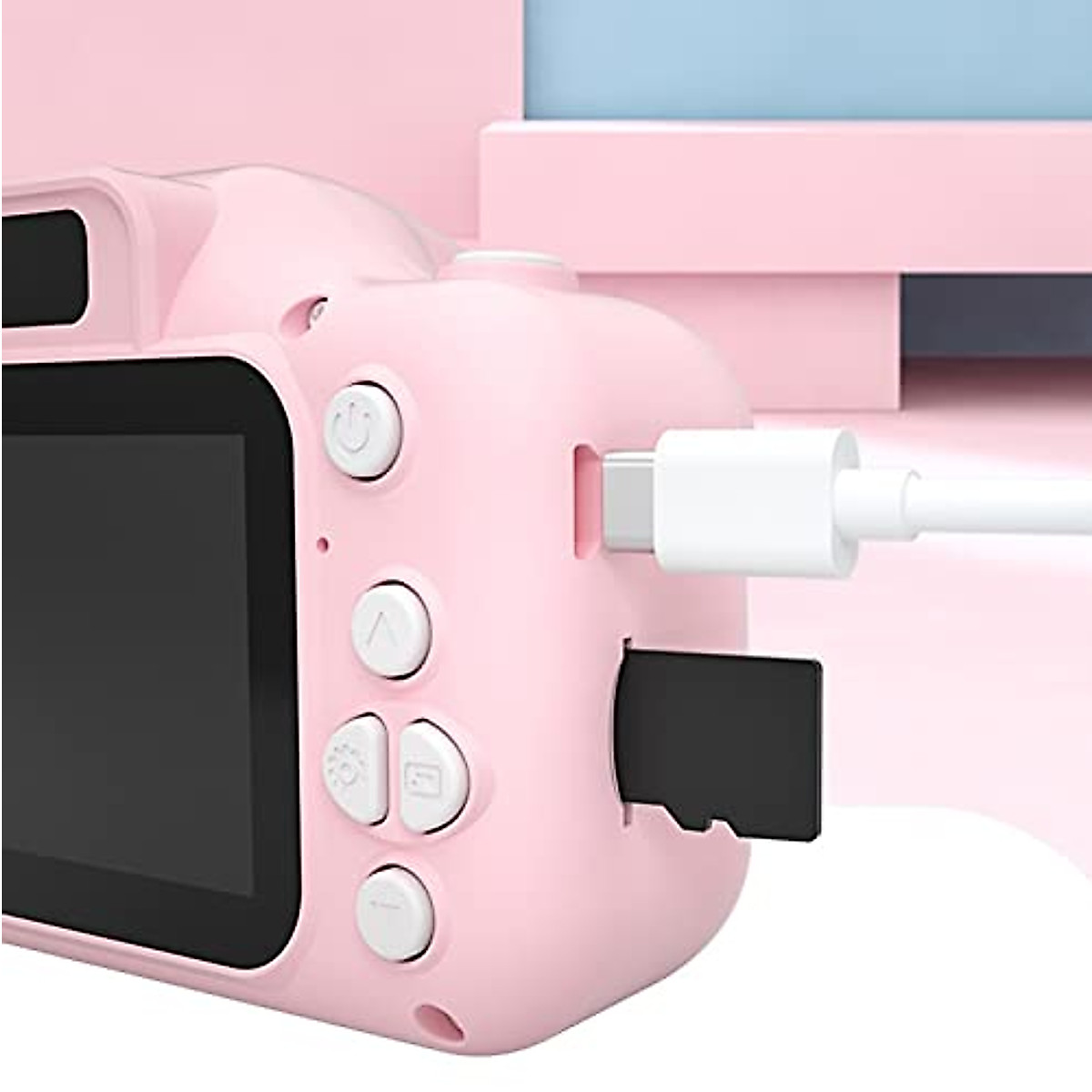 SLSFJLKJ Kids Camera with Silicone Case, Video Camera for Children with Fun Games, Kids Digital Camera with Special Effects, Rechargeable Battery, Ideal for Boys and Girls (Pink Cow 16G)