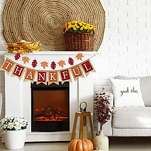 Whaline Fall Banner Thankful Burlap Banner Maple Leaf Glitter Paper Banner Pre-Assembled Rustic Bunting Garland for Autumn Harvest Hanging Decorations Thanksgiving Party Supplies Home Decoration