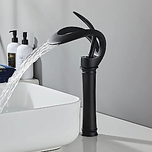 Lovedima Elegant Tall Waterfall Single Handle 1-Hole Bathroom Vessel Sink Faucet Solid Brass Lavatory Vanity Sink Faucet,Black