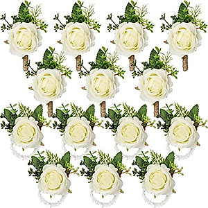 48 Pcs Wedding Wrist Corsage Boutonniere Set, Ivory Rose Wrist Flower Wristlet Band Corsage Bracelet for Bride Bridesmaid Women Girls White Boutonniere for Men Groom Groomsmen for Prom Wedding Party