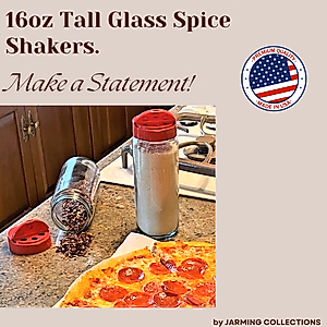 Premium Glass Spice Shakers - 16 oz Versatile Seasoning and Spice Dispenser with Sifting Lids for Popcorn, Cheese, Cinnamon, and Salt, Made in USA by JARMING COLLECTIONS