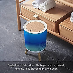 Trash Can with Lid Underwater with a Sandy Bottom and Sunbeams Press Cover Small Garbage Bin Round with Wooden Legs Waste Basket for Bathroom Kitchen Bedroom 7L/1.8 Gallon