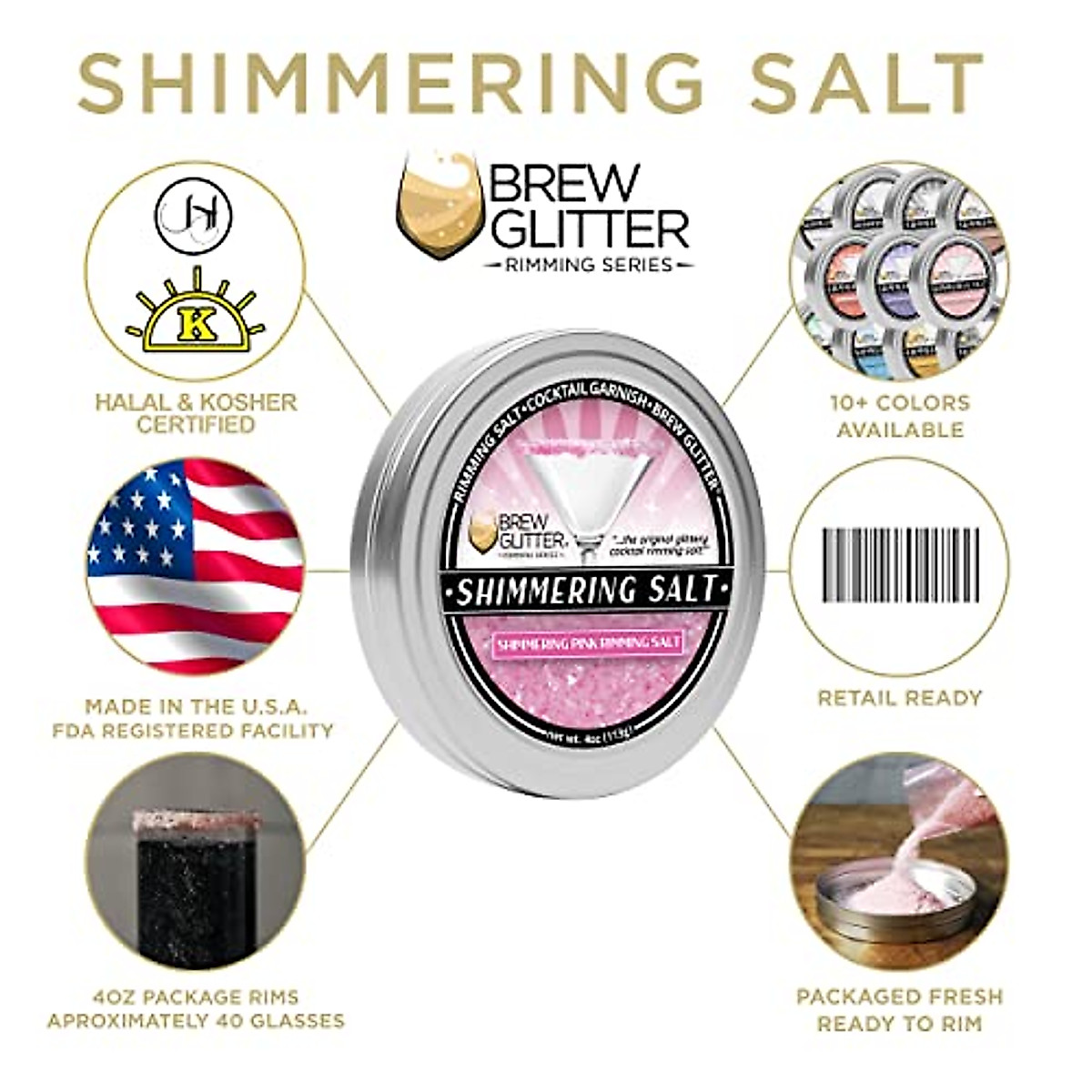BREW GLITTER Shimmering Pink Cocktail Rimming Salt, Drink Rimmer for Beverages, Cocktails, Margaritas, Drinks, Kosher Certified, Vegan (4 oz, Shimmering Pink)