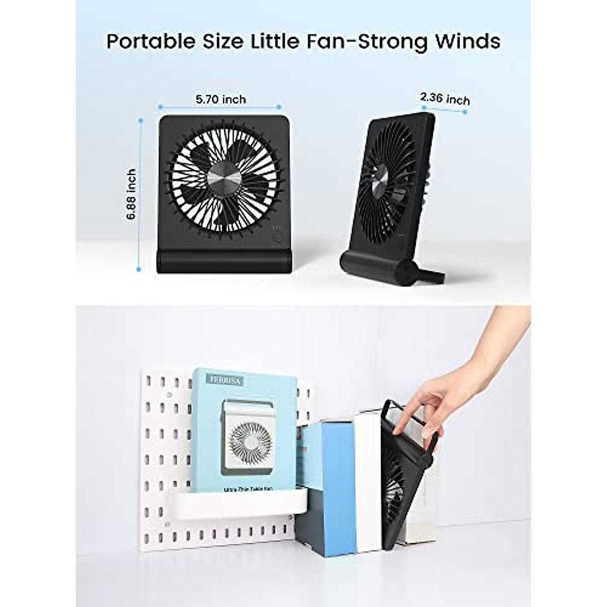 FERRISA Desk Fan, Small But Powerful, Portable Fan Battery Operated, 220° Tilt Folding Ultra Quiet mini Personal Fan, Strong Wind, 3 Speed Adjustable For Home Office Desktop Travel Camping (Black)