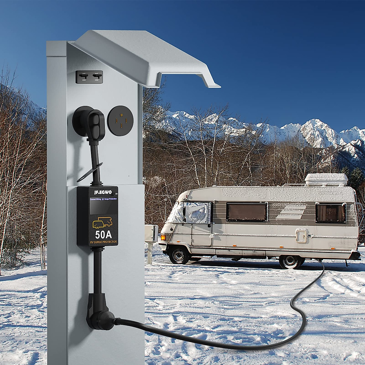 JF.EGWO 50A RV Surge Protector with Waterproof Cover, RV Circuit Analyzer with 6500J Surge Protection - 50 Amp RV Power Surge Protector with 3.55 Inch Smart LED Screen