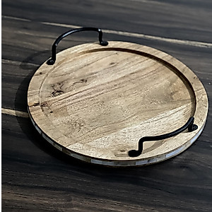 Handmade Wooden Acacia Round Serving Tray Beautiful Mother of Pearl Border Decorative Tray with Handles for Parties Large Handles for Easy Handling, Beautiful Wooden Tray for Multiple uses