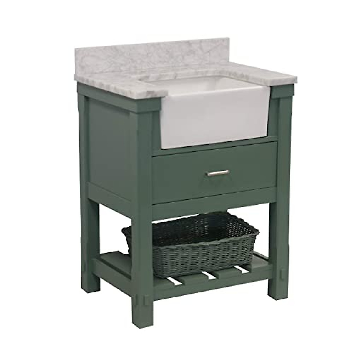 Charlotte 30-inch Bathroom Vanity (Carrara/Sage Green): Includes Sage Green Cabinet with Authentic Italian Carrara Marble Countertop and White Ceramic Farmhouse Apron Sink