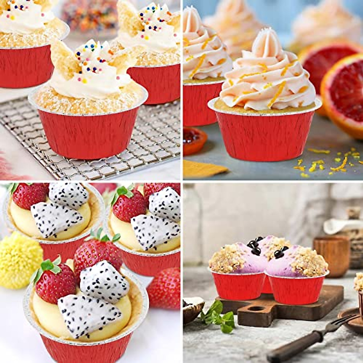 Aluminum Foil Baking Cups, Mateebake 4 Oz Disposable Ramekin Aluminum Cupcake liners, Red Foil Baking Cups Muffin Liners for Cupcake, Baking, Egg Tart, Pudding, Creme Brulee (150 Pcs)