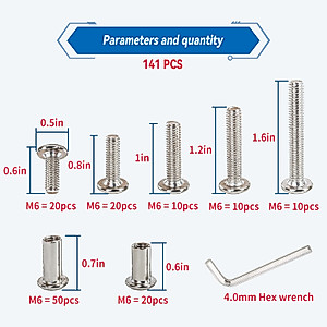 M6 x 16mm/20mm/25mm/30mm/40mm 140Pcs Hex Socket Screws Head Nuts with 1Pc Allen Wrench