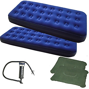 Zaltana 2-Pcs Single Size Air Mattress with Double Action Hand Pump & 2 Inflatable Pillow Combo (AMSx2+AP3+PL1x2)
