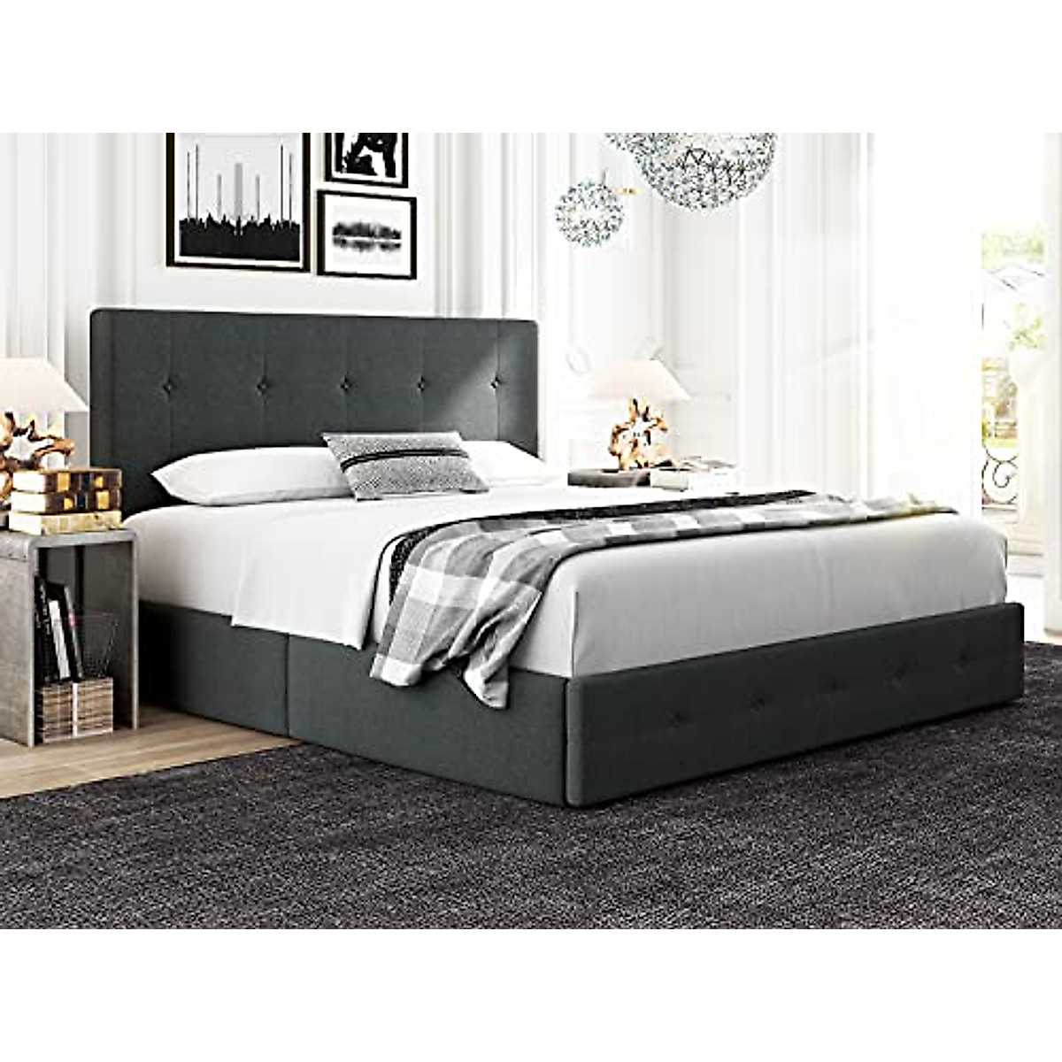 HOOMIC Queen Upholstered Platform Bed Frame with 4 Storage Drawers, Wooden Slats Support, Adjustable High Headboard with Square Stitched Button Tufted Design, No Box Spring Needed,Dark Grey
