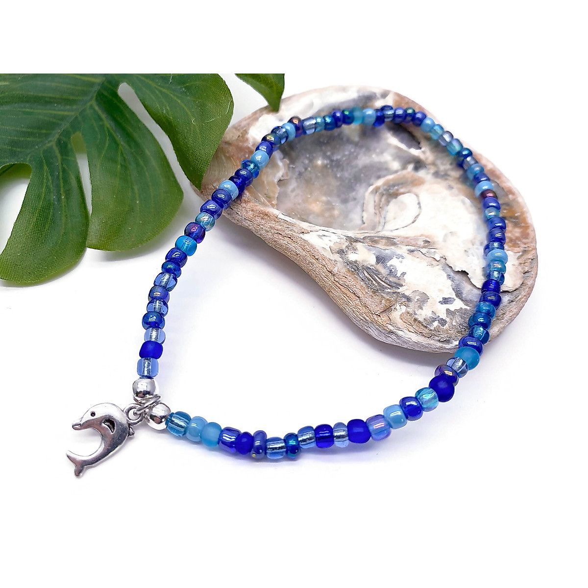 Dolphin Charm Anklet - Blue Glass Seed Bead Mix with Silver Tone Charm - Size M 10 inches