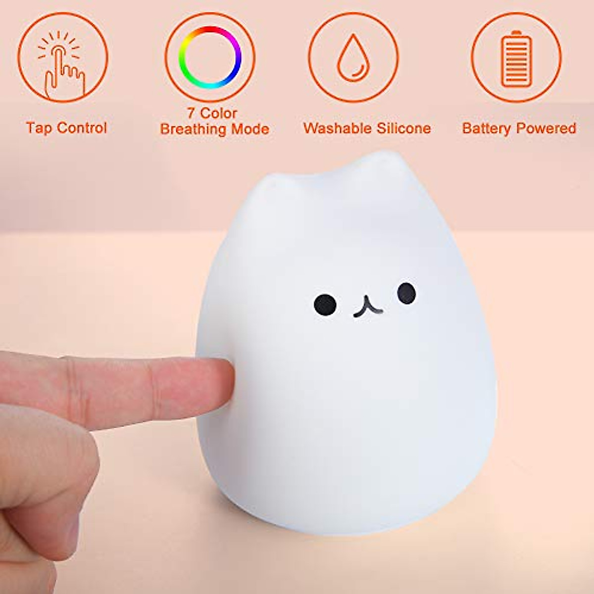 LUNSY Cat Night Light, LED Cute Silicone cat lamp with Color Changing Tap Control Battery Operated for Kids Baby Girl Children Toddler.