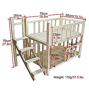 HYDT Double-Layer Wooden Pet Dog Bed with Bedding, All Seasons Elevated Pet Cot with Stairs & Guardrail, for Small Medium Dogs Cats