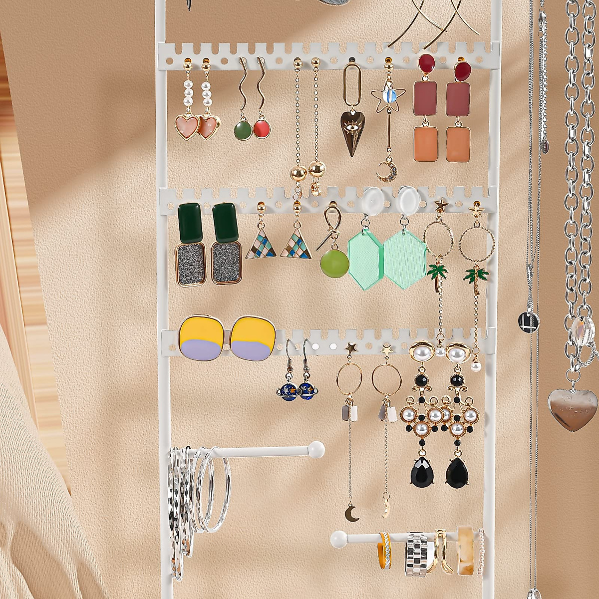 ProCase Jewelry Organizer Stand Earring Holder Organizer, 6 Tiers Earring Organizer Tree Necklace Rack Jewellery Tower Bracelets Holder Storage with Removable Wooden Ring Tray for Women Girls -White