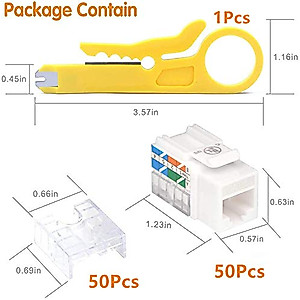VCE Cat6 RJ45 Keystone Jacks UL Listed 50-Pack, Punch Down Ethernet Wall Jack 90-Degree Adapter in White with 1-Pack Wire Stripper Cutter