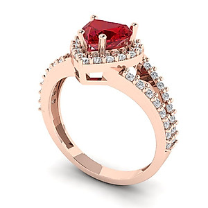 Clara Pucci 1.69ct Heart Cut Solitaire Halo split shank Red Ruby Designer Wedding Bridal art deco Anniversary Ring 14k Rose Gold 6