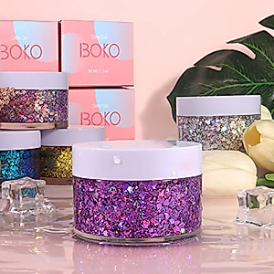 Boko 1.76oz Body Glitter Gel, Holographic Silver Liquid Chunky Glitter Lotion Unicorn Star Sequins for Face Hair and Body Makeup, Festival Clothing, Rave Accessories and Costume - Unicorn Carnival