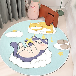 TEALP Kids Rugs 4Ft Large Round Play Mat Cute Cat Baby Crawling Mat Circle Children Rug for Nursery Decor Soft Floor Carpet for Living Room Washable Bedside Rug for Kids Bedroom Cute Cat Theme Decor