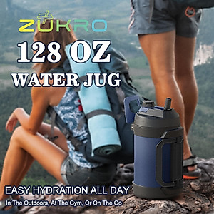 Zukro 1 Gallon Water Jug, One Gallon Large Triple Wall Insulated Metal Jug With Straw and Spout, No Sweat 128 oz Stainless Steel Sport Water Bottle Keeps Cold 48 Hours for Outdoors, Cyan