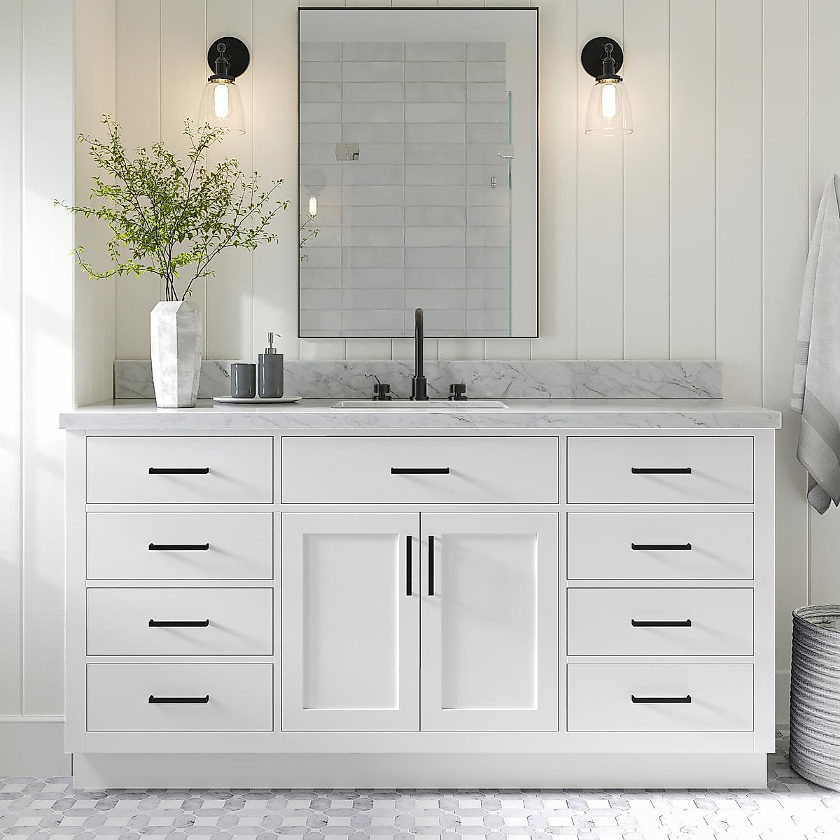 ARIEL Single Bath Vanity 67" White, 1.5" Carrara Marble Countertop & Splash, Rectangular Sink, 2 Soft Closing Doors, 9 Full Extension Dovetail Drawers, Toe Kick, Matte Black