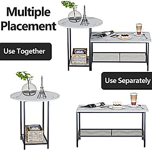 Huhote Nesting Coffee Table Set of 2 Storage End Table Modern White Faux Marble Round and Rectangular Table,2 Tiers Large Table with Metal Frame for Living Room Balcony Cabin Bed Room Dining Room.