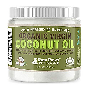 Raw Paws Organic Coconut Oil for Dogs & Cats, 4-oz - Treatment for Itchy Skin, Dry Nose, Paws, Elbows, Hot Spot Lotion for Dogs, Natural Hairball Remedy for Dogs & Cats