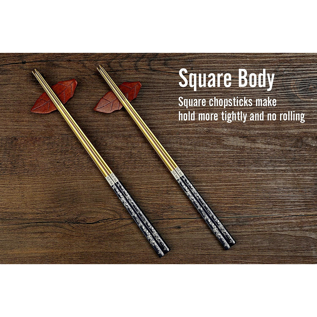 Metal Chopsticks Titanium Plated Stainless Steel Chopsticks Reusable Dishwasher safe Japanese Korean Chopstick lightweight Anti-slip Chop sticks 2 Pairs Blue Gold and 2 Pairs Black Gold Bundle Set