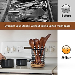 JSVER Utensil Holder Kitchen Utensil Holder, Round Utensil Holder for Kitchen Counter, Cooking Utensil Holder With Wooden Base Matte Black, 360° Rotating Kitchen Utensils Holder