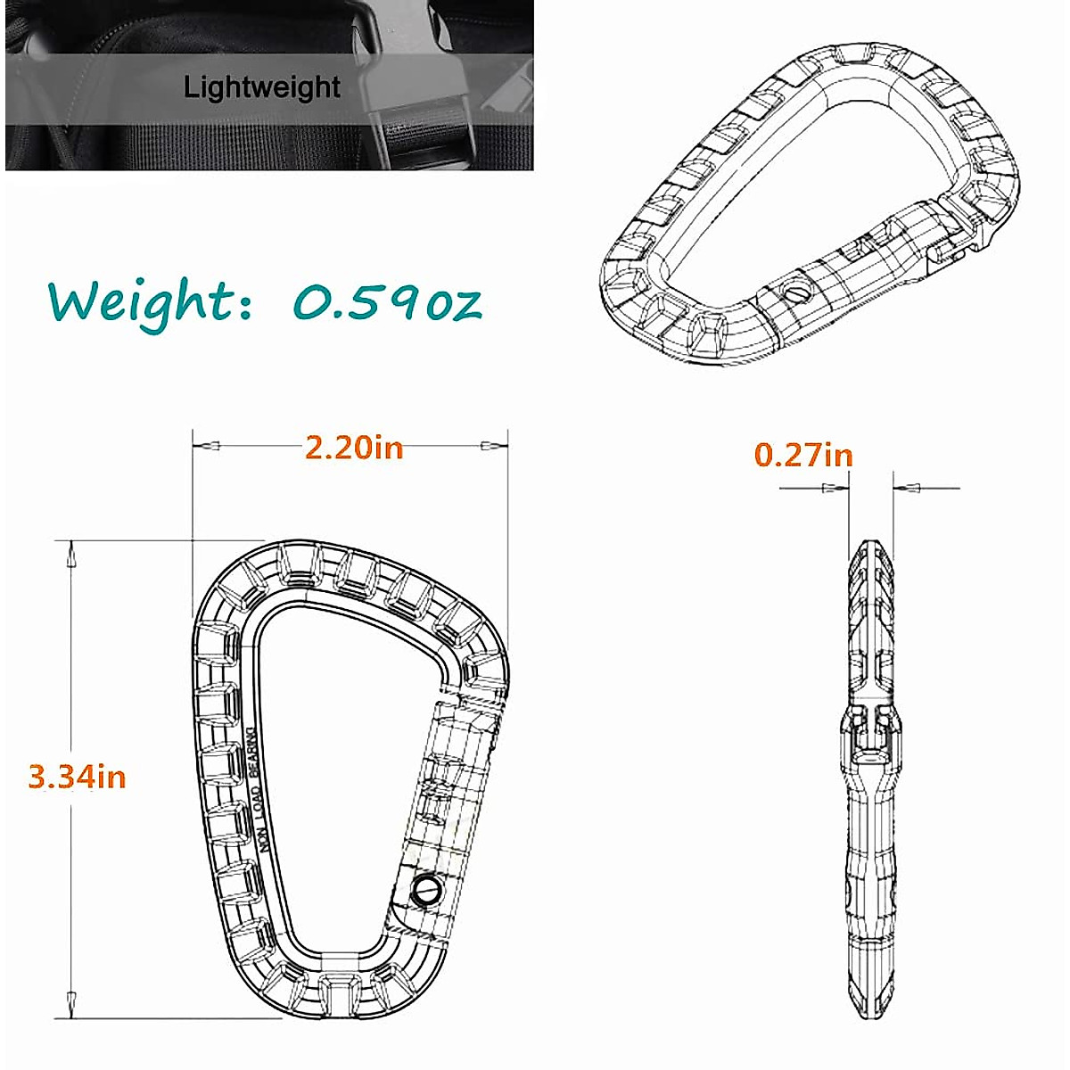 JCPLYNN Tactical Carabiner Keychain - 15 Pack Enforcement Hard Polymer Light Weight Carabiner D Ring Locking Hanging Hook Tactical Spring Snap Gear Clip Utility Hooks (Dark Green)