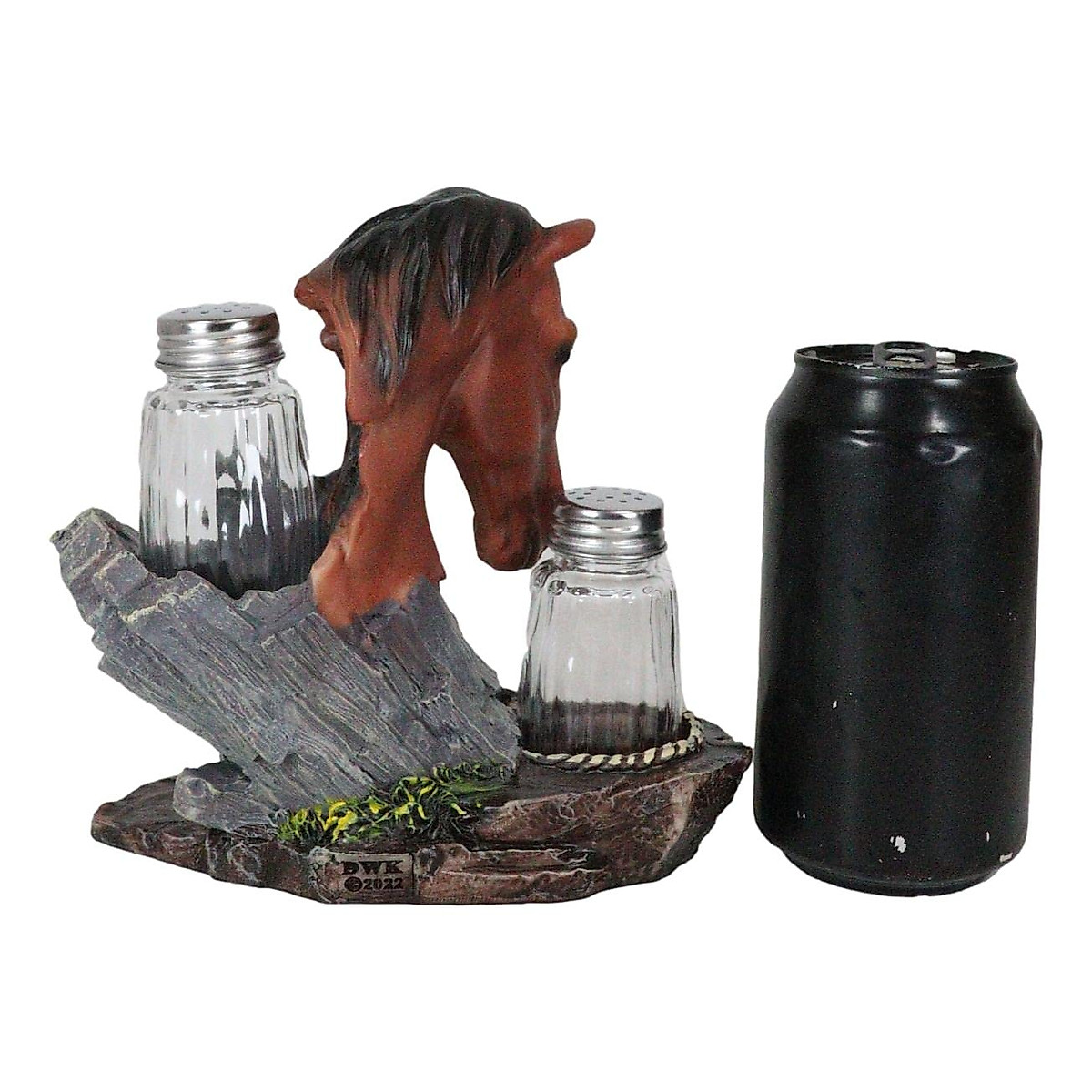 Ebros Country Western Chestnut Brown Stallion Horse By Farm Wagon Wheel Lasso Horseshoes Salt And Pepper Shakers Holder Figurine Set 6.25"High Old Fashioned Rustic Decor Statue (Chestnut Brown)