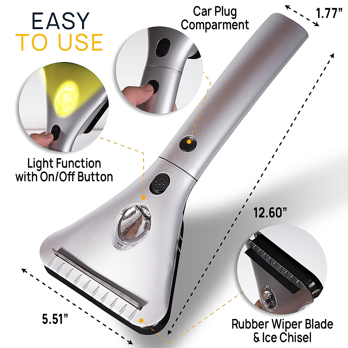 VaygWay Electric Heated Car Window Snow Ice Scraper with Light -Heated Car Auto Windshield Scraper- Extendable 15.8 Feet Long Cord 12V LED Light Heated Melting Ice Snow Scraper, Vehicle Scraper