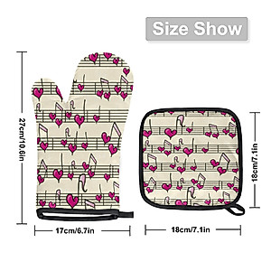 Oven Mitts and Pot Holders Set, Music Note Staff Love Heart 2 PCS Heat Resistant Non-Slip Oven Glove Hot Pads Washable Oven Mitts with Quilted Liner for Cooking Baking BBQ Grilling Barbecue