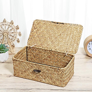 Vosarea Rattan Storage Basket,Straw Seaweed Basket, Hand-Woven Storage Basket Multipurpose Container with Lid for Desktop Home Decor (9inch)