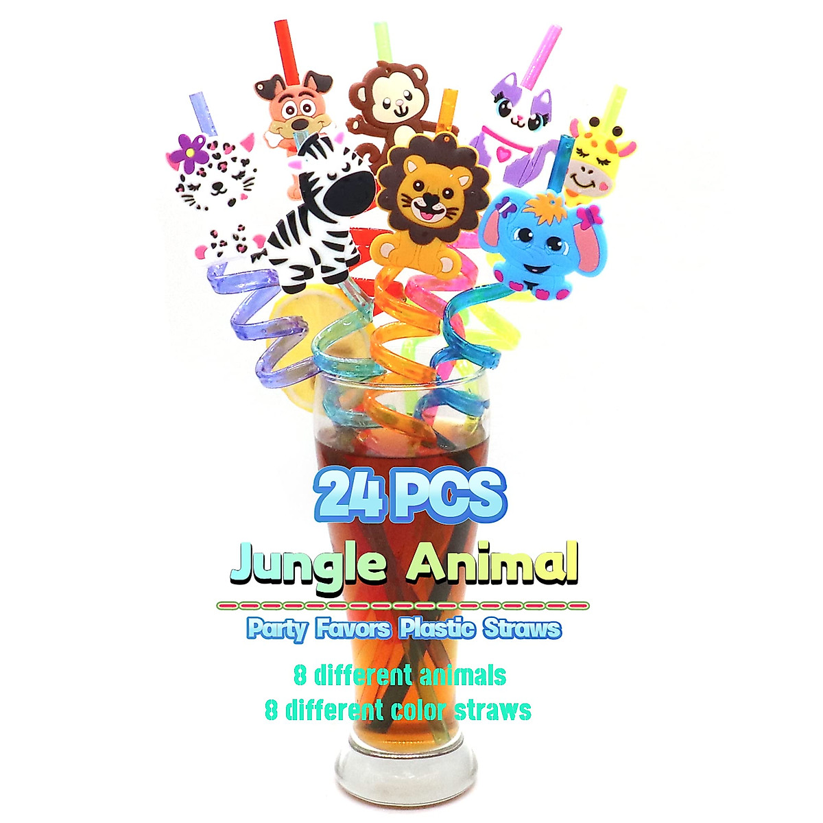 24 Reusable Jungle Animal Plastic Straws for Lion Fox Zebra Giraffe Safari Birthday Party Supplies Favors,Woodland Animal Birthady Party Decorations Straws with 4 Cleaning Brushes