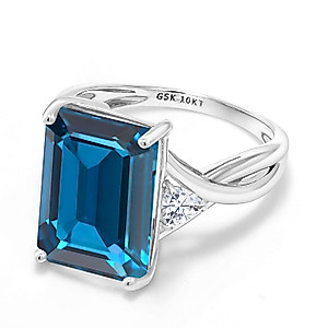 Gem Stone King 10K White Gold London Blue Topaz and White Moissanite 3 Stone Engagement Ring For Women (9.96 Cttw, Emerald Cut 14X10MM, Trillion 4MM, Available in Size 5,6,7,8,9)